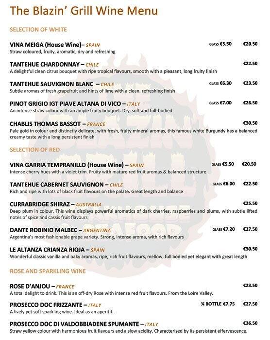 Menu at The Blazin' Grill steakhouse, Dublin, Belgard Square