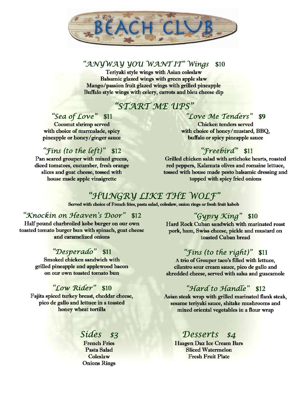 Menu at The Beach Club, Hollywood