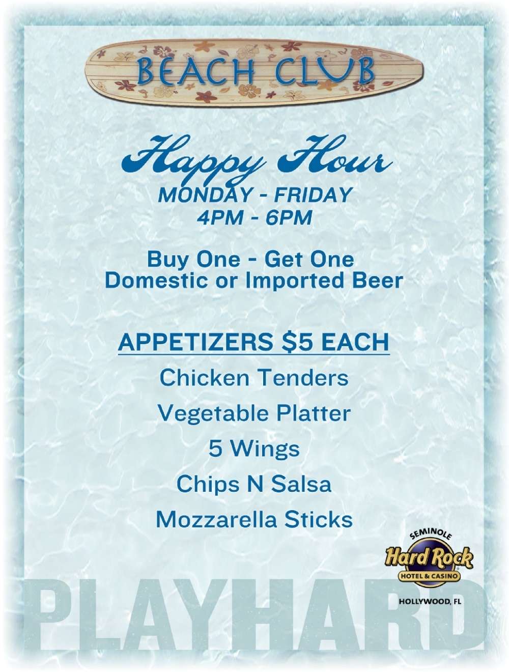 Menu at The Beach Club, Hollywood