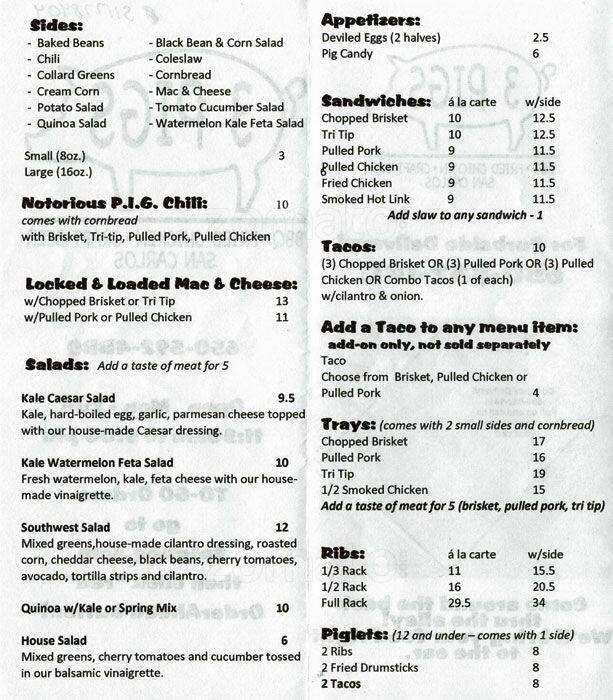 Menu at 3 Pigs BBQ, San Carlos