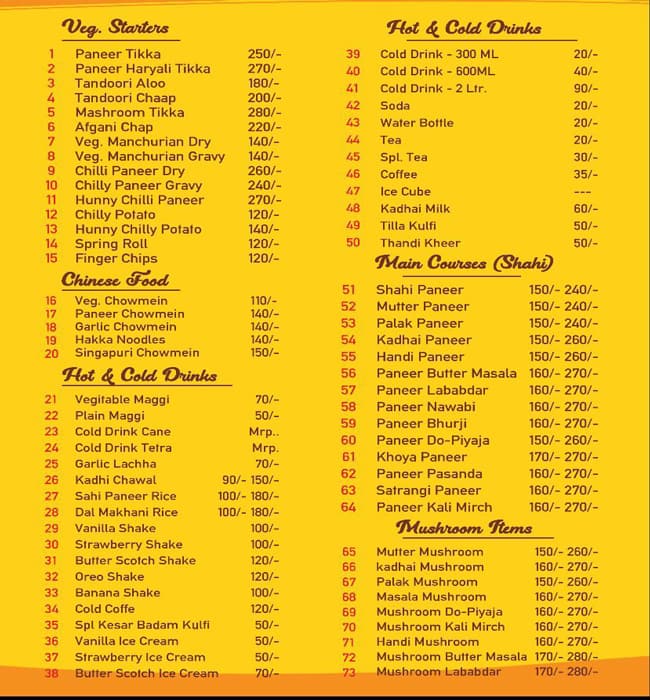 Menu of Great Indian Dhaba, Sector 12, Faridabad