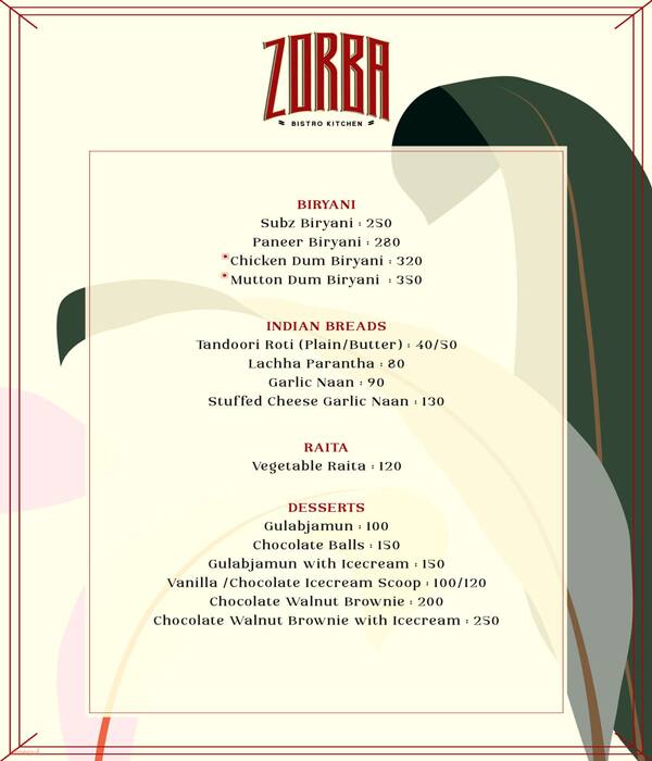 Menu at Zorba Bistro & Kitchen, Udaipur