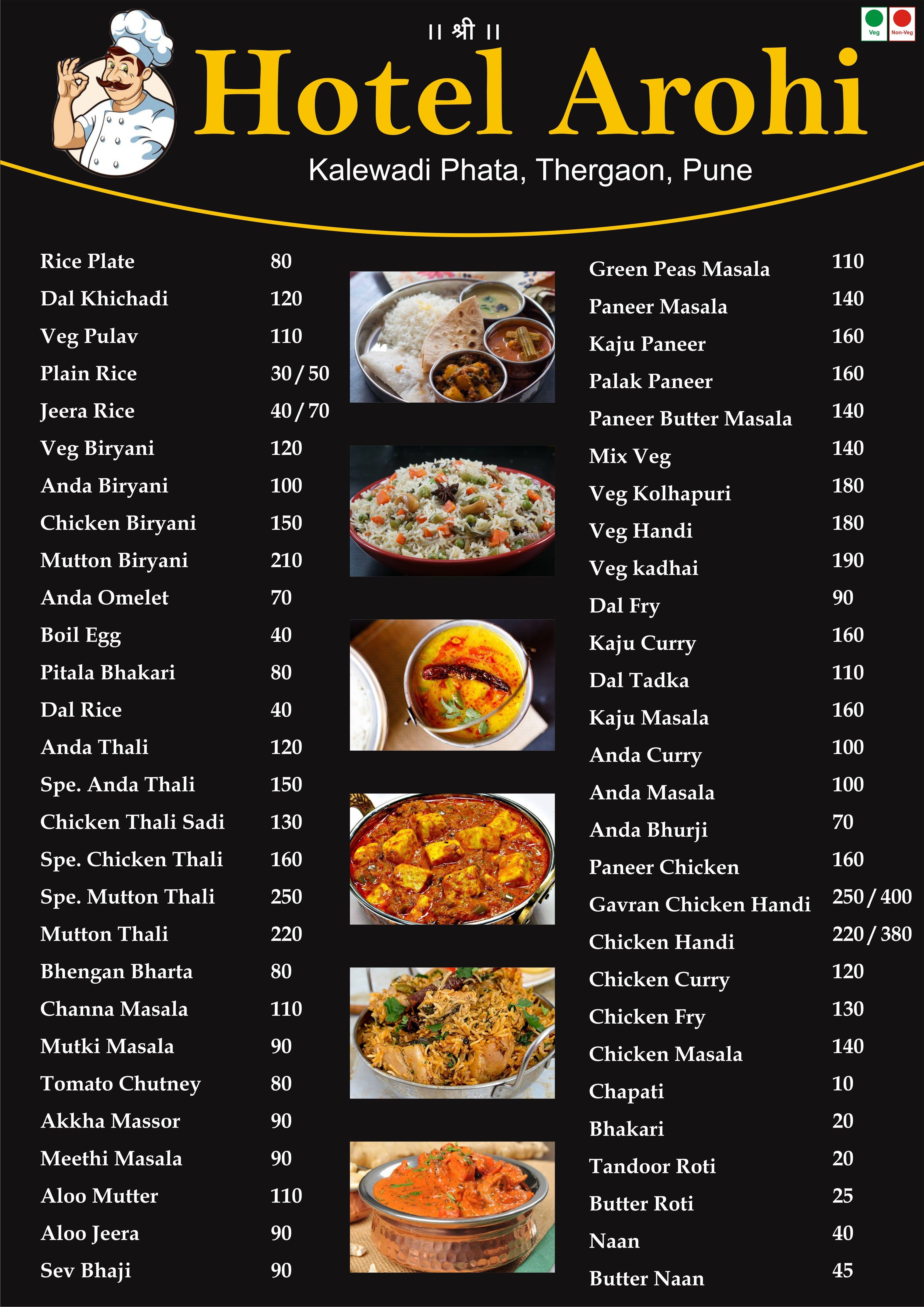 Menu of Hotel Arohi, Vishrantwadi, Pune