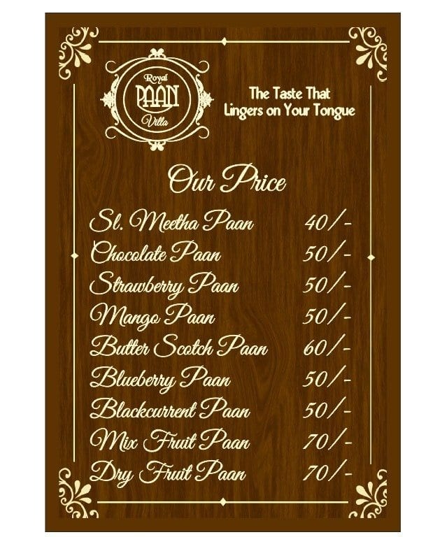 Menu of Royal Paan Villa, Lahori Gate, Patiala