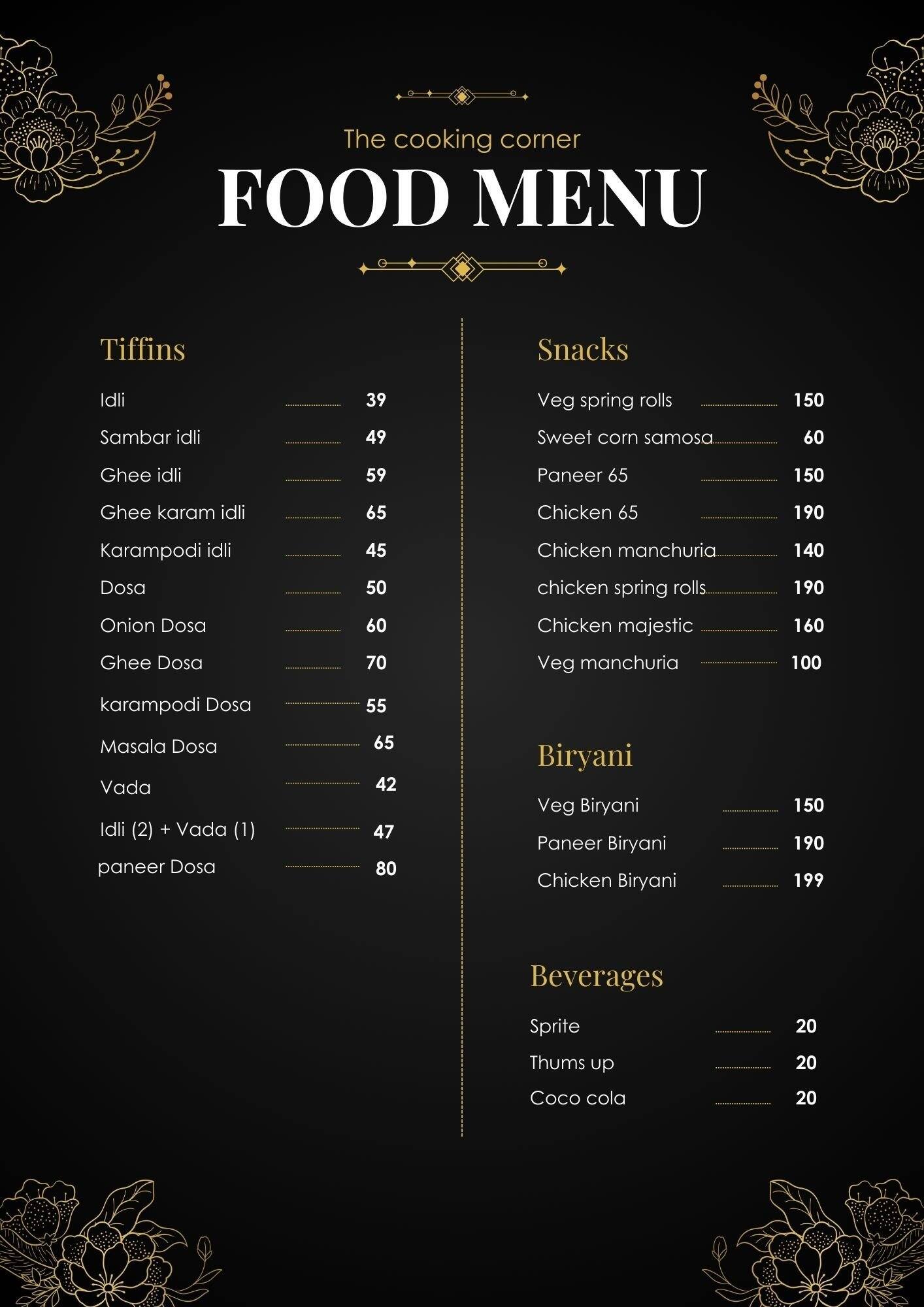 Menu of The Cooking Corner, Financial District, Hyderabad