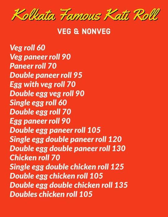 Menu of Kolkata Famous Kati Roll, KR Puram, Bangalore