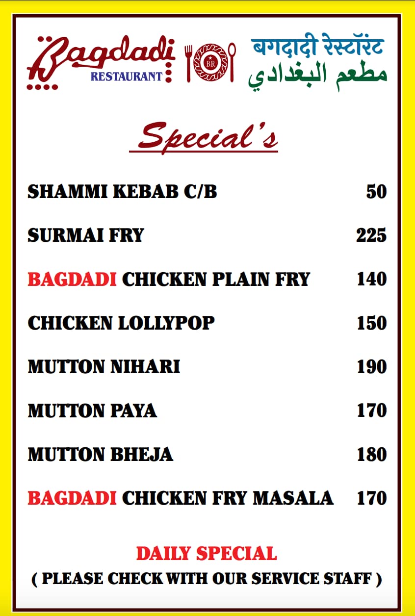 Menu of Bagdadi Restaurant Since 1936, Colaba, Mumbai
