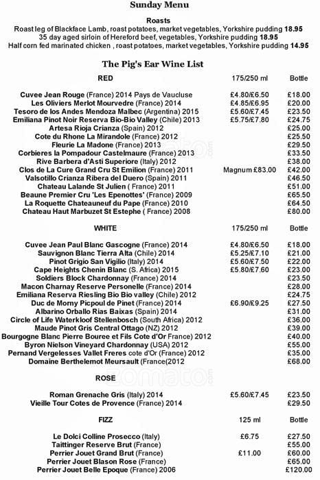 Menu at The Pig's Ear pub & bar, London