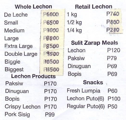 Menu at Z-Lechon Pambansang Lechon restaurant, San Juan, Annapolis