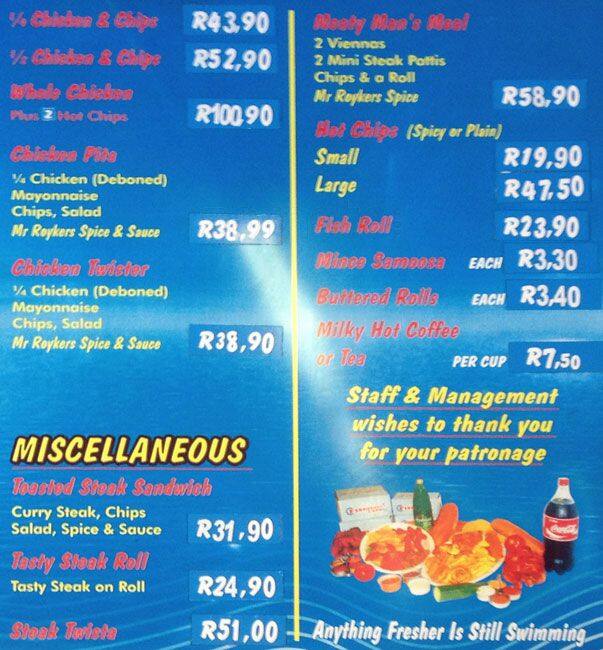 Menu at Fishermans Corner restaurant, Cape Town, BP Centre