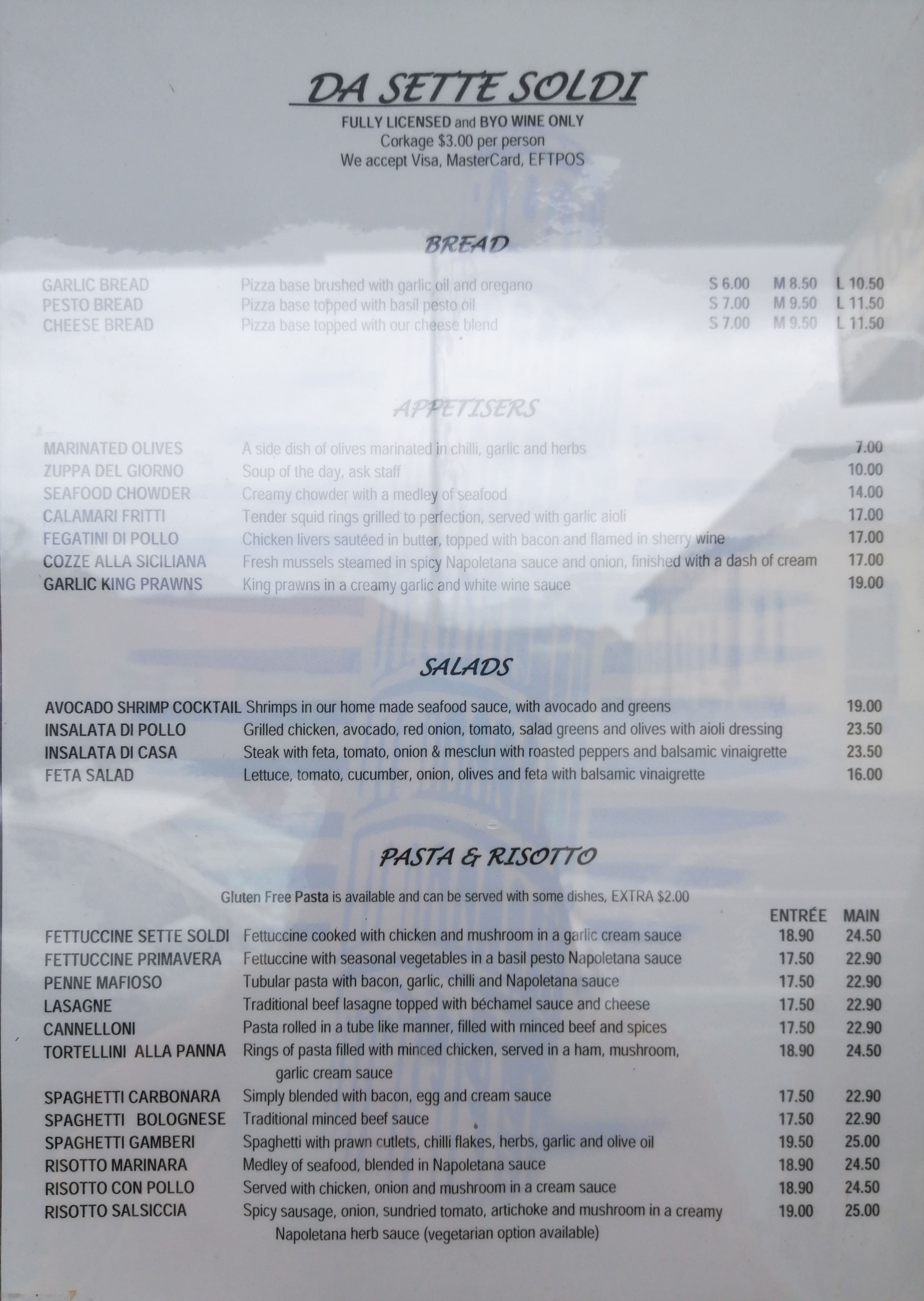 Menu at Da Sette Soldi Italian Restaurant & Takeaways, Auckland