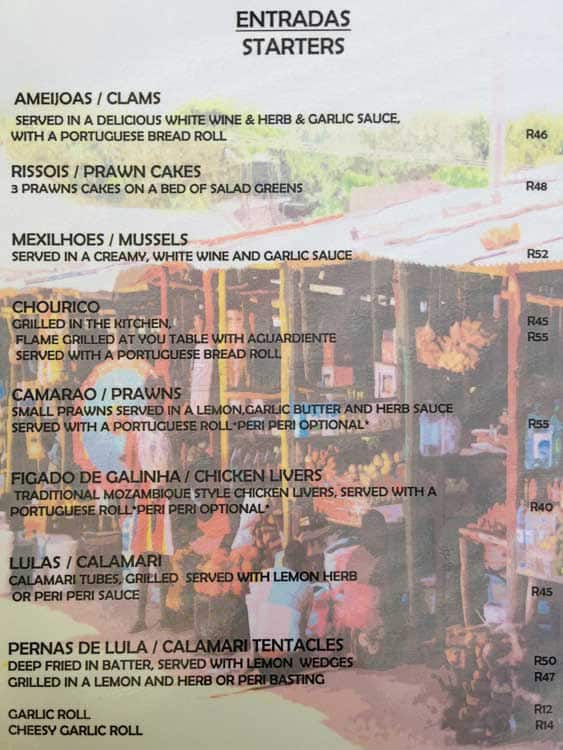 Menu at Ponta D'ouro Restaurant Mocambicano, Durban, Granada Square