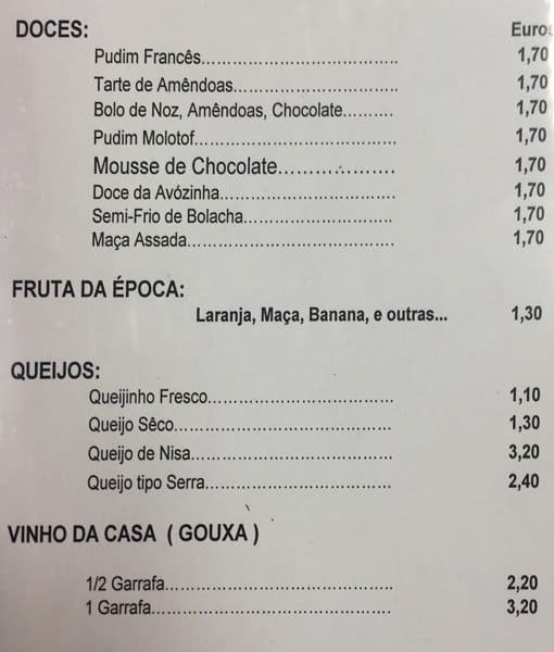 Menu at O Javali restaurant, Lisbon, Avenida 5 de Outubro 337