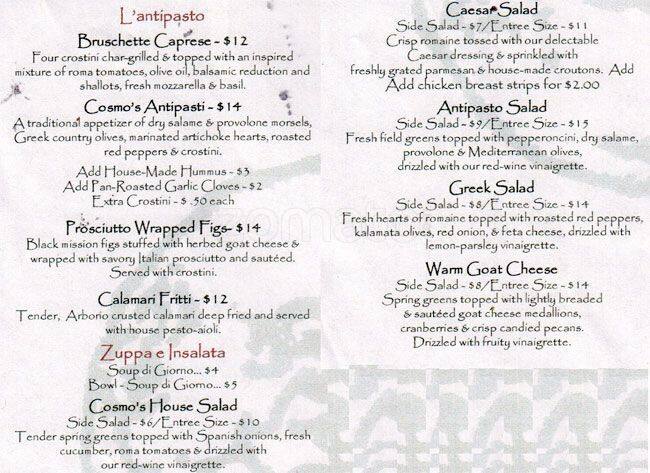 Menu at Cosmo's restaurant, Port Orchard
