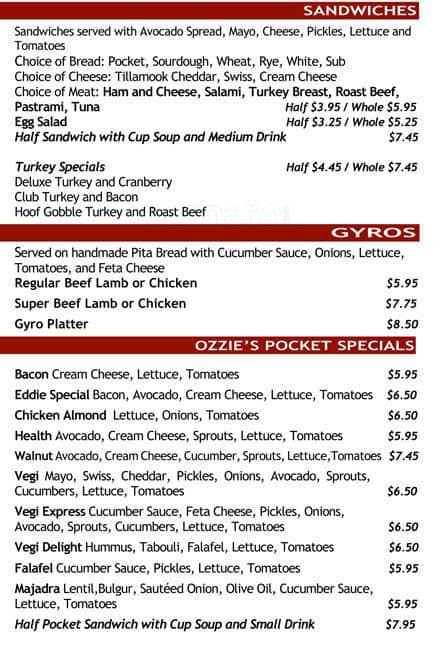 Menu at Ozzies Deli & Gyros restaurant, Portland