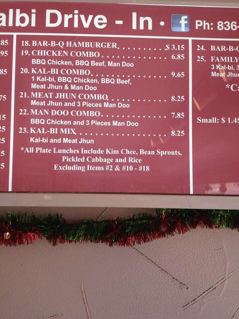 Menu at Soon's Kal BI Drive In BBQ, Honolulu