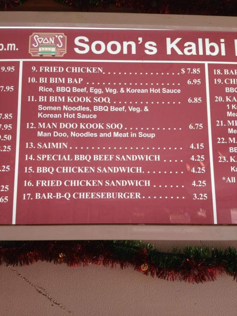 Menu at Soon's Kal BI Drive In BBQ, Honolulu