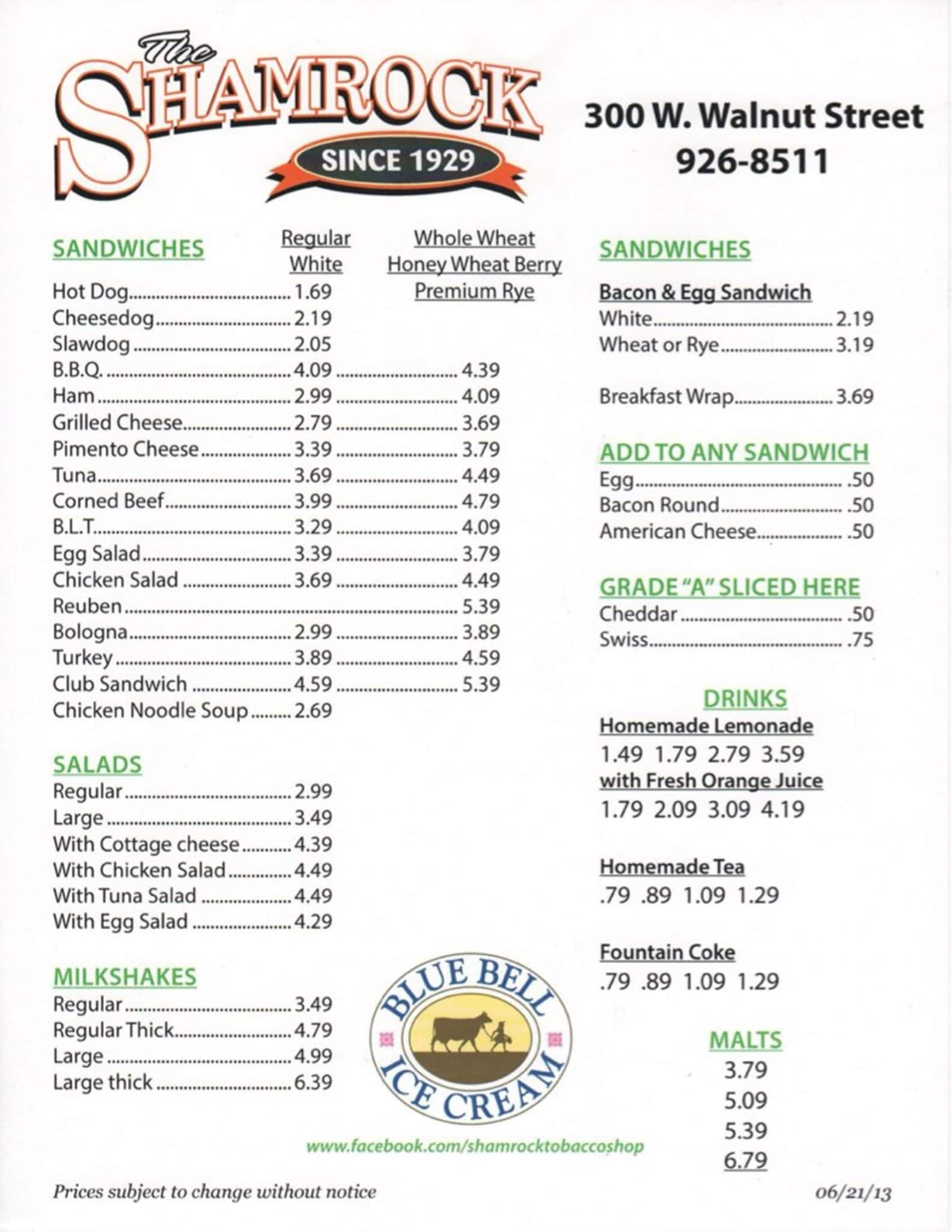 Menu at Shamrock Beverage & Tobacco restaurant, Johnson City
