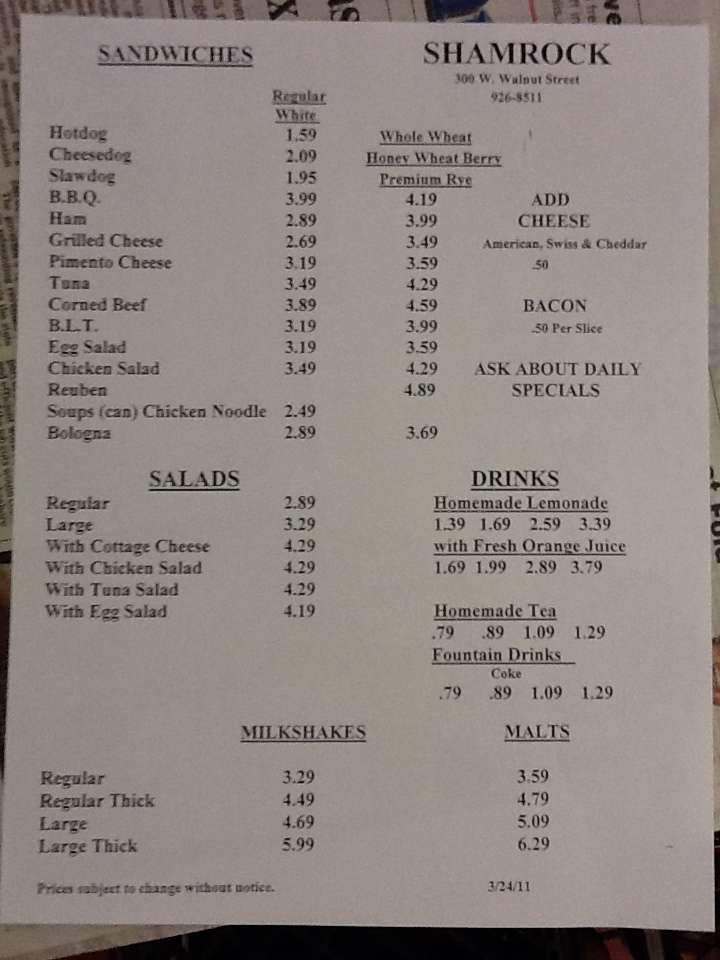 Menu at Shamrock Beverage & Tobacco restaurant, Johnson City