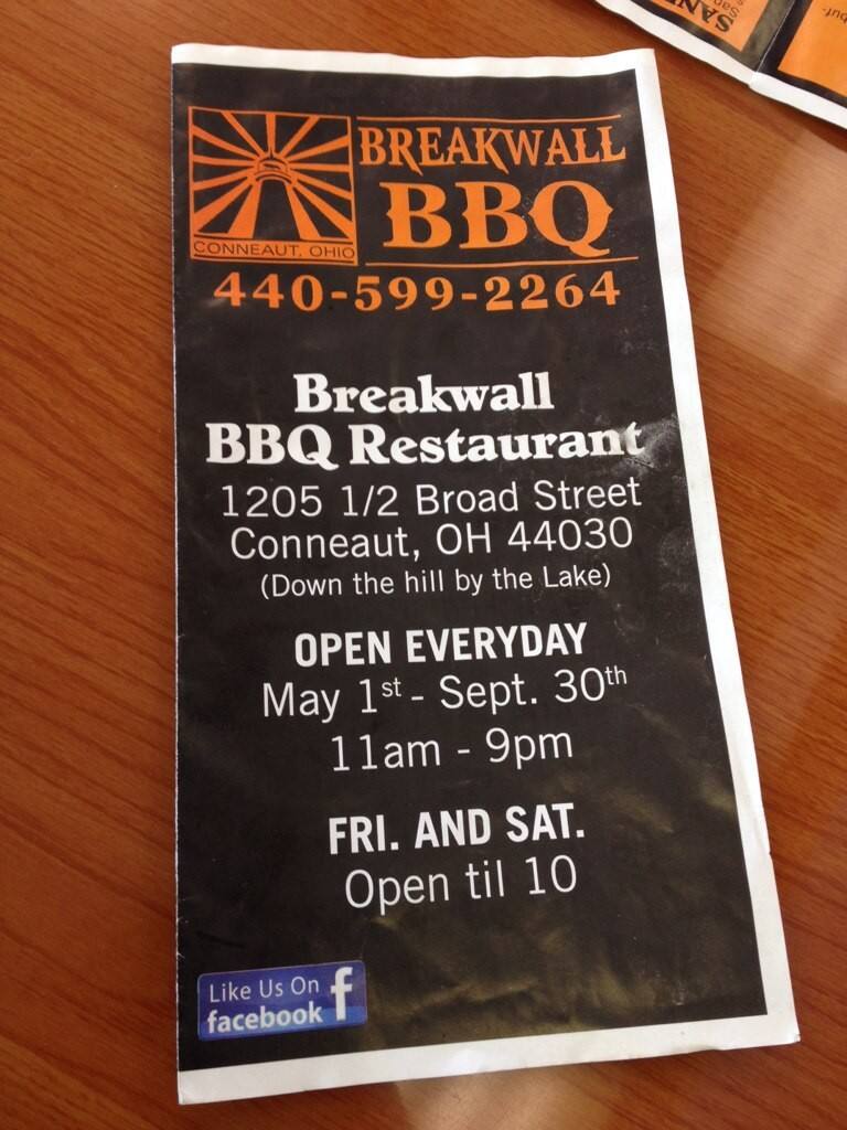 Menu at Breakwall BBQ, Conneaut, 1/2 Mariana Dr