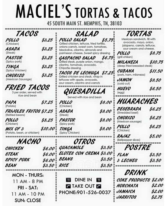 Menu at Maciel's restaurant, Memphis