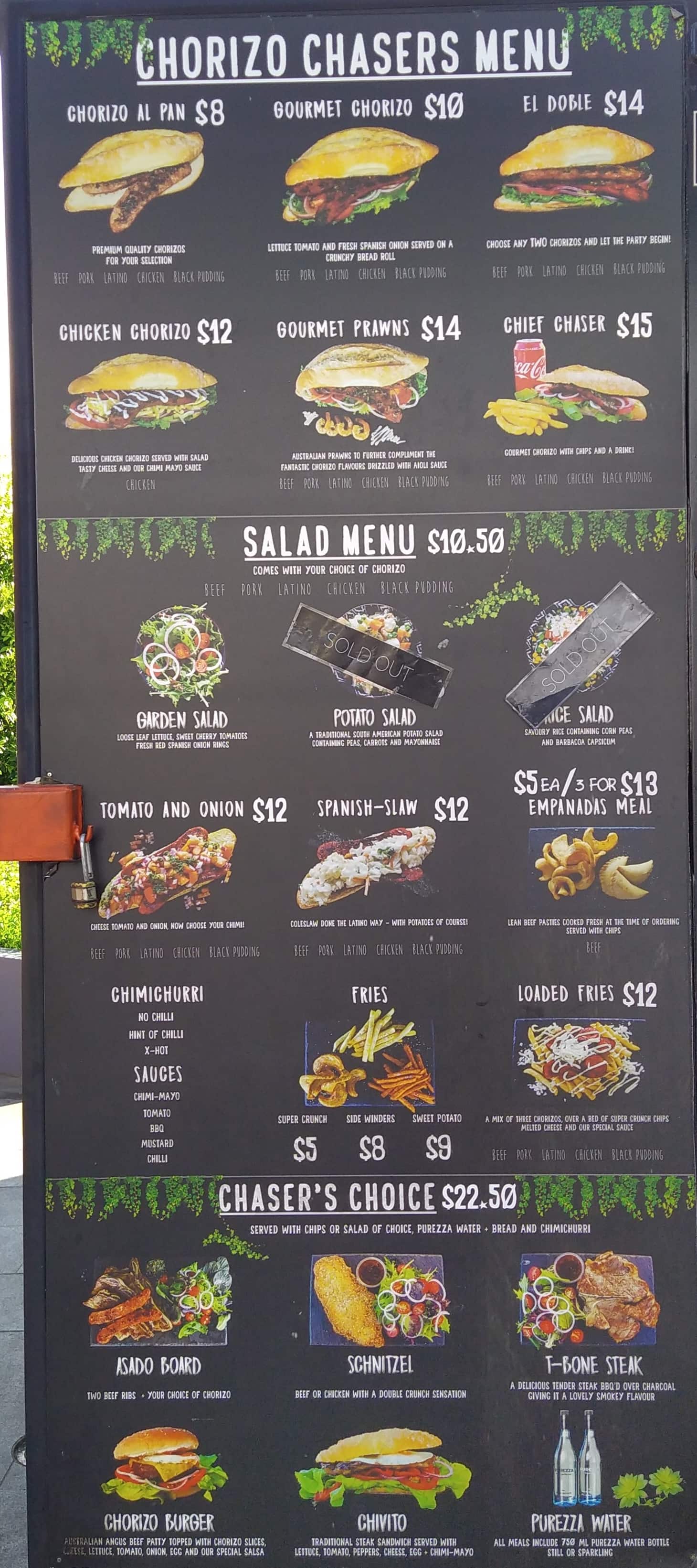 Menu at Chorizo Chasers restaurant, Wetherill Park