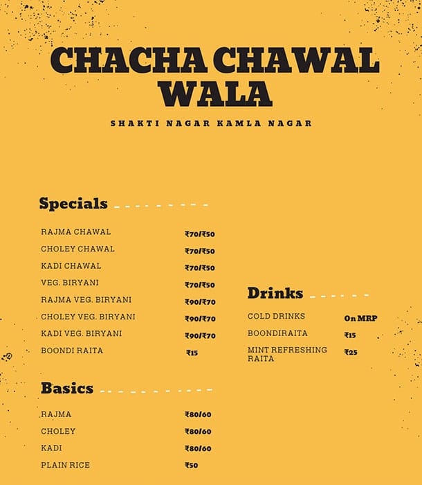 Menu of Chacha Chawal Wala, Kamla Nagar, New Delhi