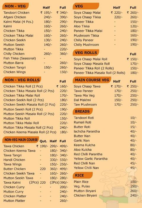 Menu of Tandoori House, Lajpat Nagar 1, New Delhi