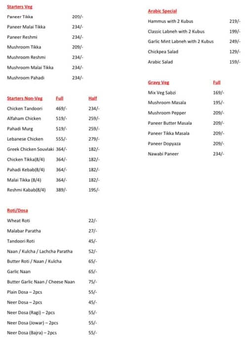 Menu of Bangalore Bay, Shivalli, Manipal