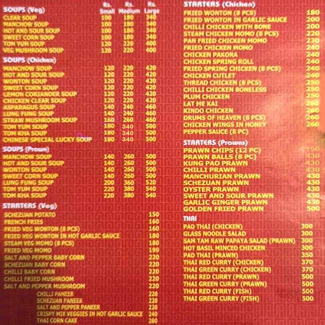 Menu of Lucky Chinese Restaurant, Tangra, Kolkata