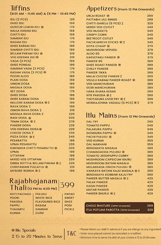 Menu of Itlu, Jubilee Hills, Hyderabad