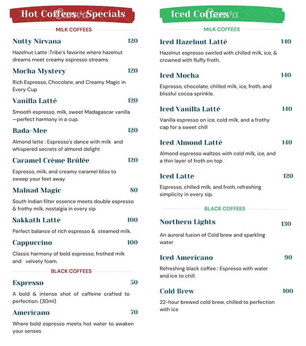 Menu of Tribal Brew Coffee, Jayanagar, Bangalore