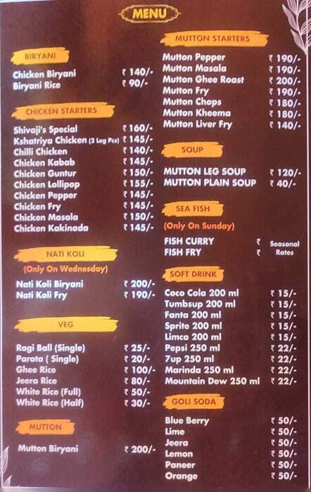 Menu of Shivaji's Jonne Biryani, Kumaraswamy Layout, Bangalore