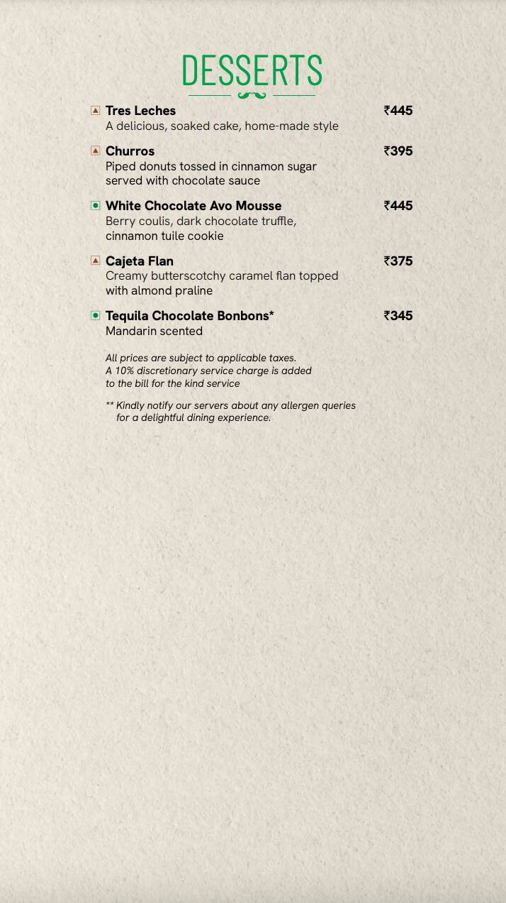 Menu of Sanchez, Lavelle Road, Bangalore