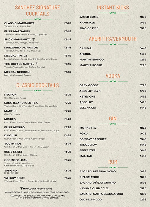 Menu of Sanchez, Lavelle Road, Bangalore