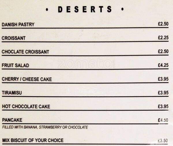 Menu at Moment Bakery, London