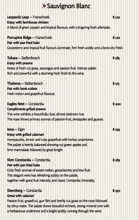 Menu at The Meat Company restaurant, Johannesburg, Melrose Boulevard