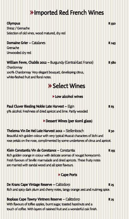 Menu at The Meat Company restaurant, Johannesburg, Melrose Boulevard