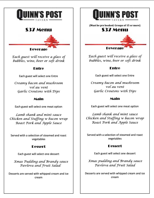 Menu at Quinns Post restaurant, Upper Hutt