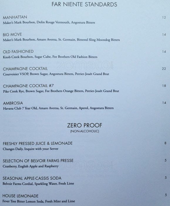 Menu at Far Niente restaurant, Toronto