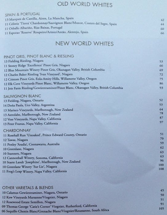 Menu at Far Niente restaurant, Toronto