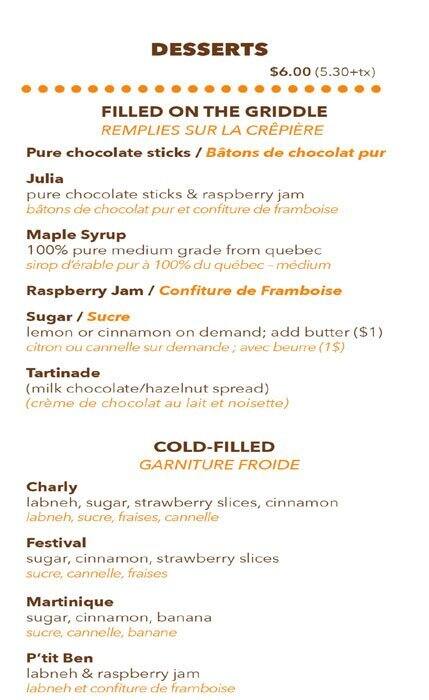 Menu at Yorkville Crepes cafe, Toronto, 18 Yorkville Ave #1