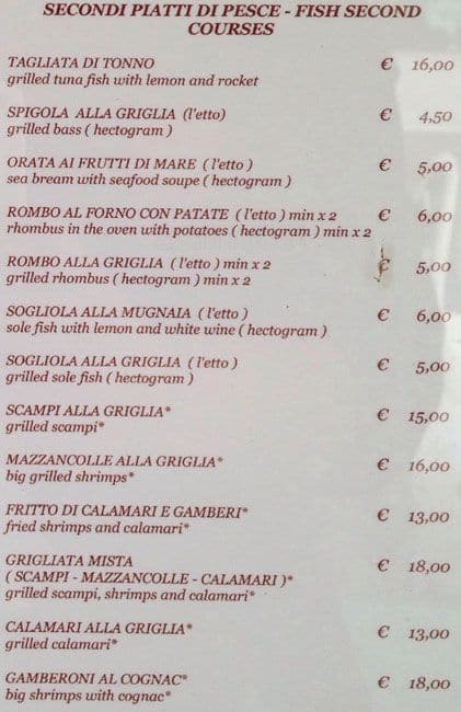 Menu at Ristorante Da Nino Roma, Rome