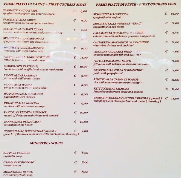 Menu at Ristorante Da Nino Roma, Rome