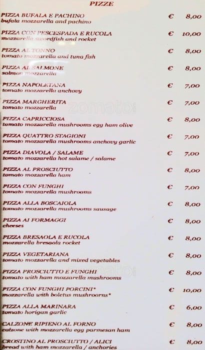 Menu at Ristorante Da Nino Roma, Rome