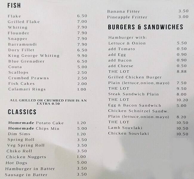 Menu at Alex's Fish and Chips and Take Away Food fast food, Altona