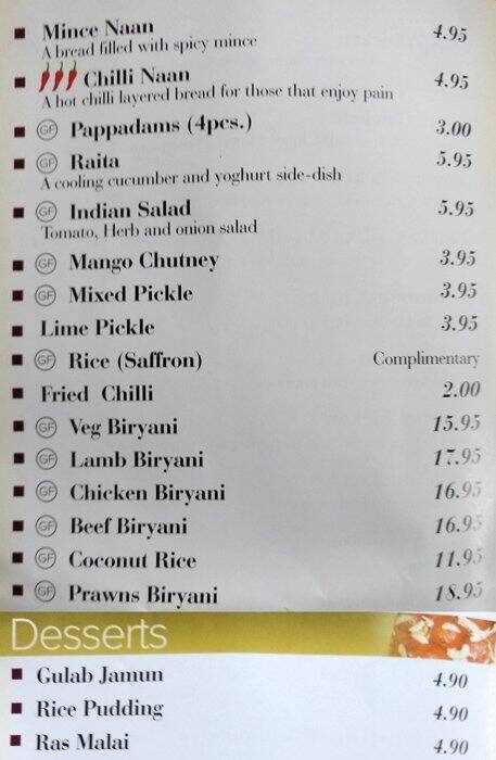 Menu at Sultan's Kitchen restaurant, Brisbane Airport