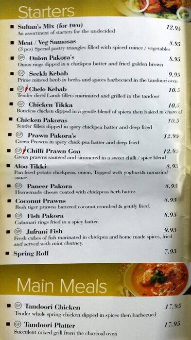 Menu at Sultan's Kitchen restaurant, Brisbane Airport