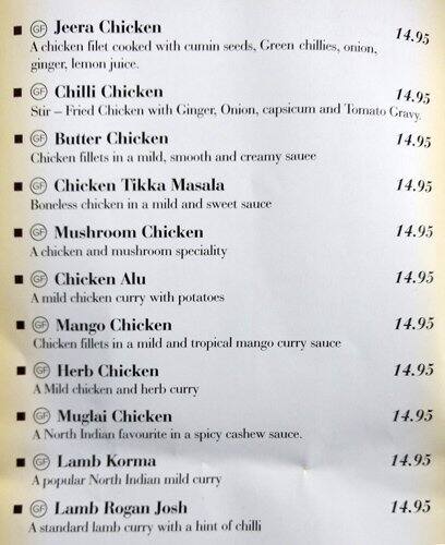 Menu at Sultan's Kitchen restaurant, Brisbane Airport