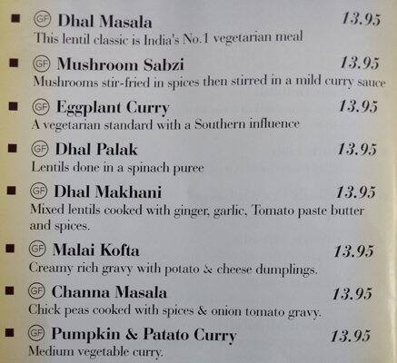 Menu at Sultan's Kitchen restaurant, Brisbane Airport